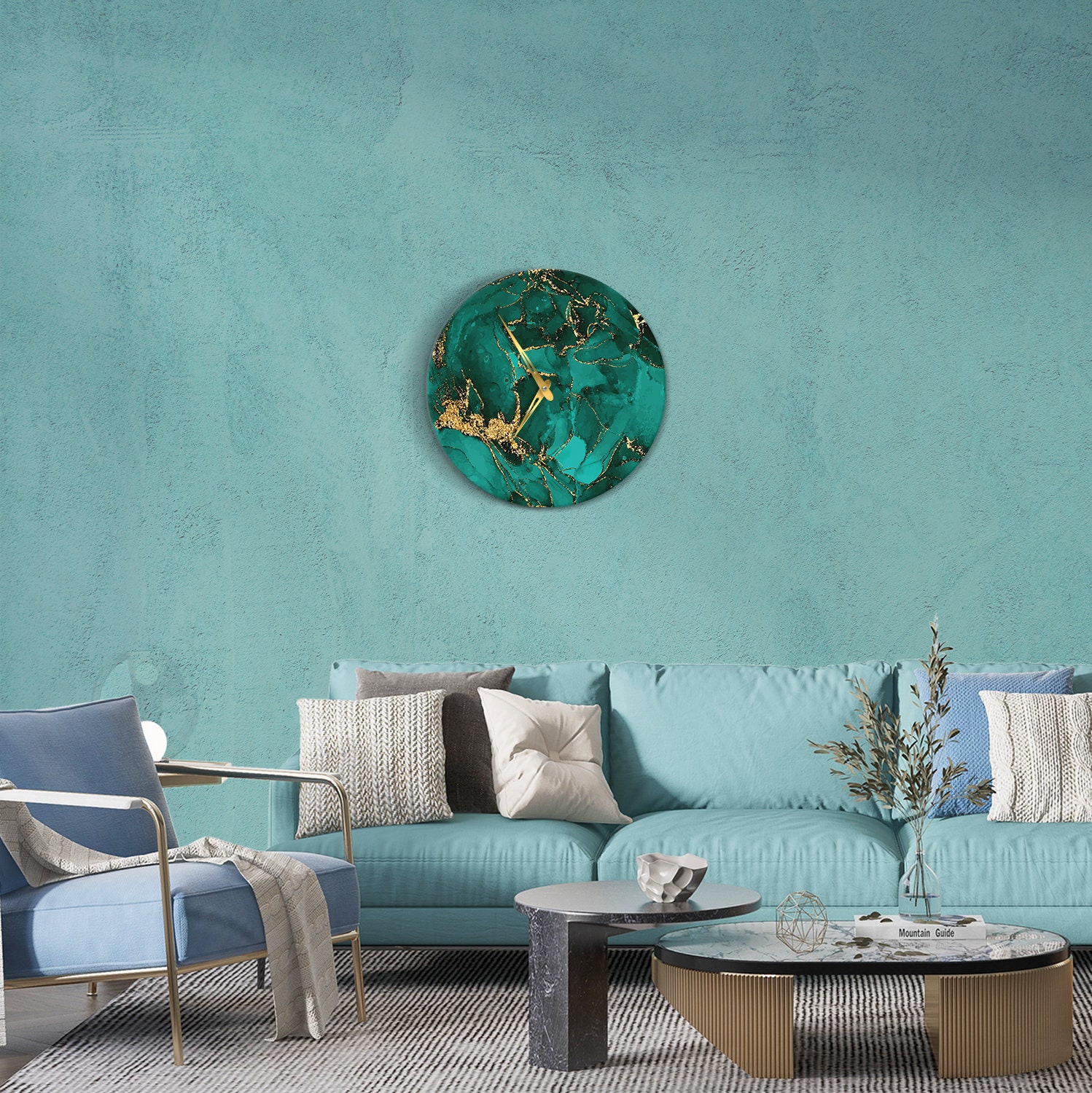 Marble Wall Clock Green and Gold Wall Clock Turquoise Wall - Etsy