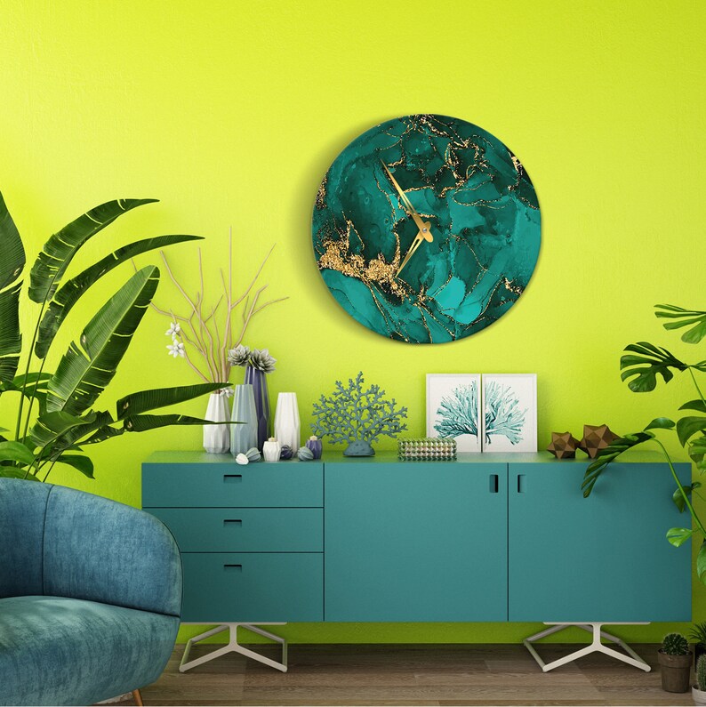 Marble Wall Clock Green and Gold Wall Clock Turquoise Wall - Etsy