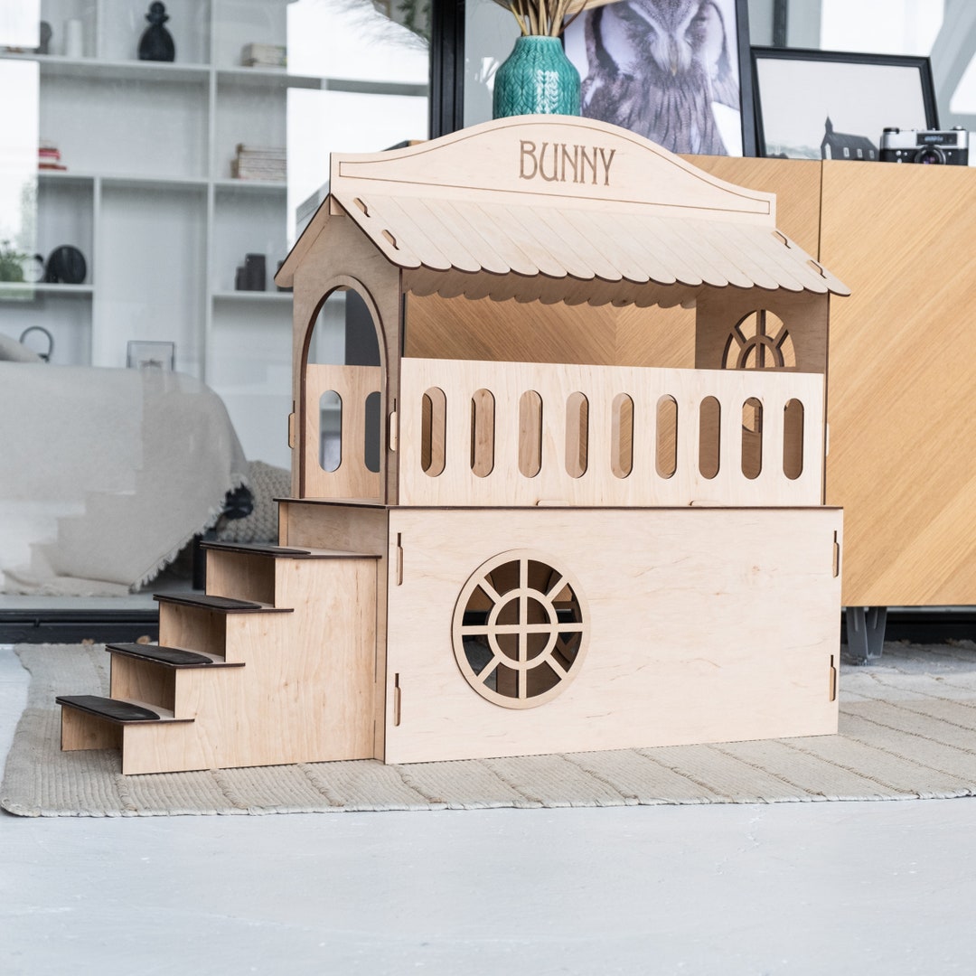 Wooden Rabbit House Handmade, Bunny Castle for Rabbits, Wooden Rabbit ...