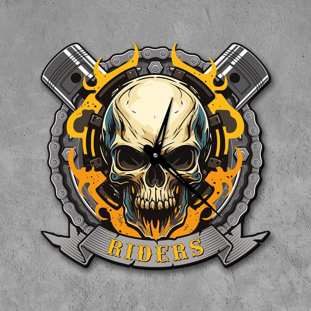 Riders Clock, Skull Wall Clock, Biker Wall Clock, Garage Wall Clock ...