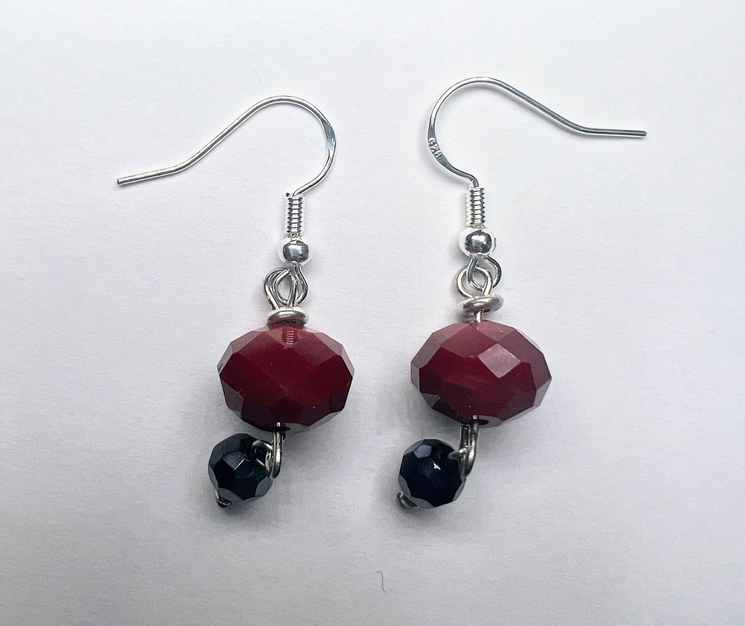 Maroon and Silver Beaded Earrings - Etsy