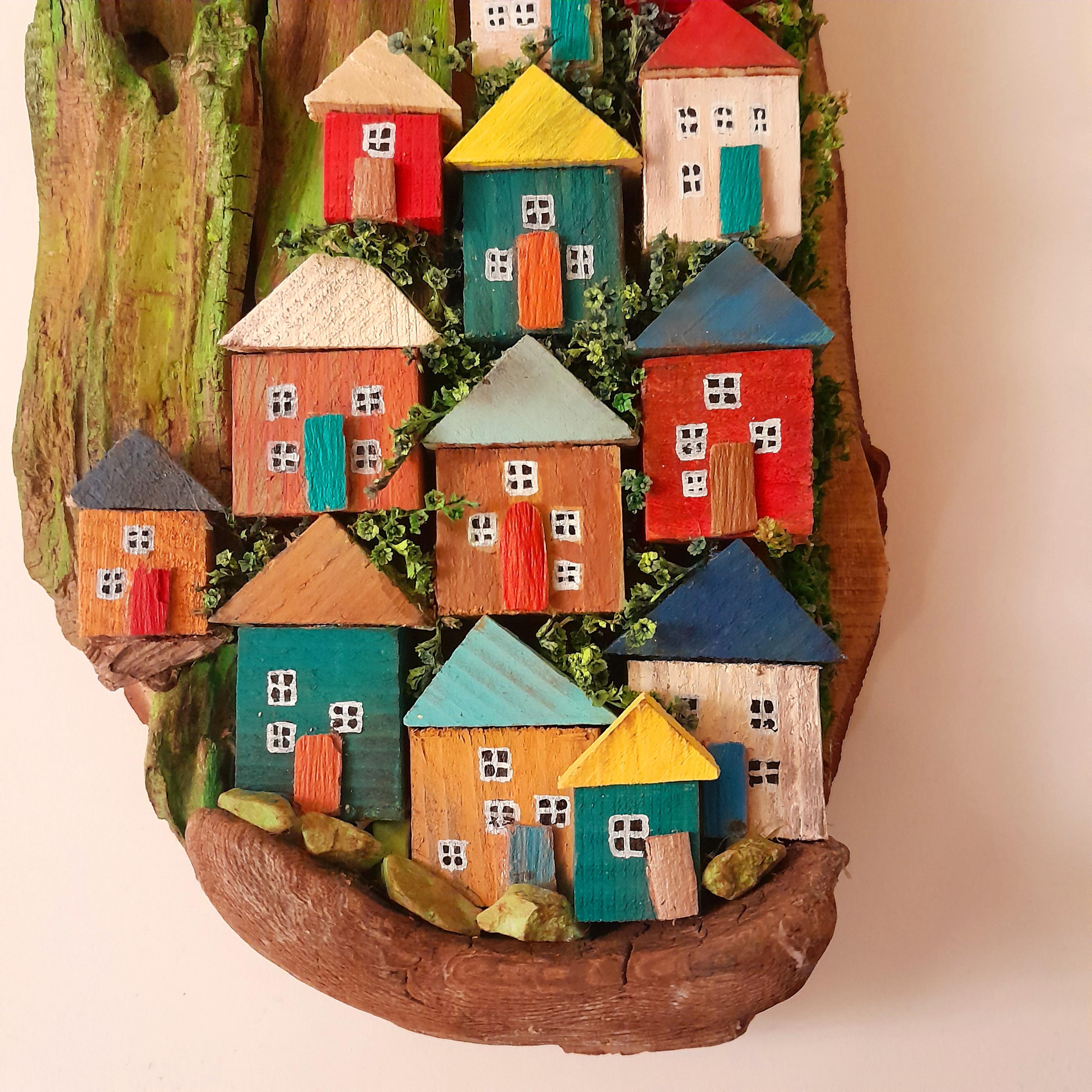Lighted Miniature Village Wall Art Wooden Wall Decor– Handmade ...