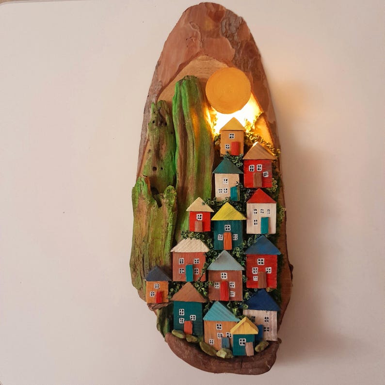 Lighted Miniature Village Wall Art Wooden Wall Decor– Handmade ...