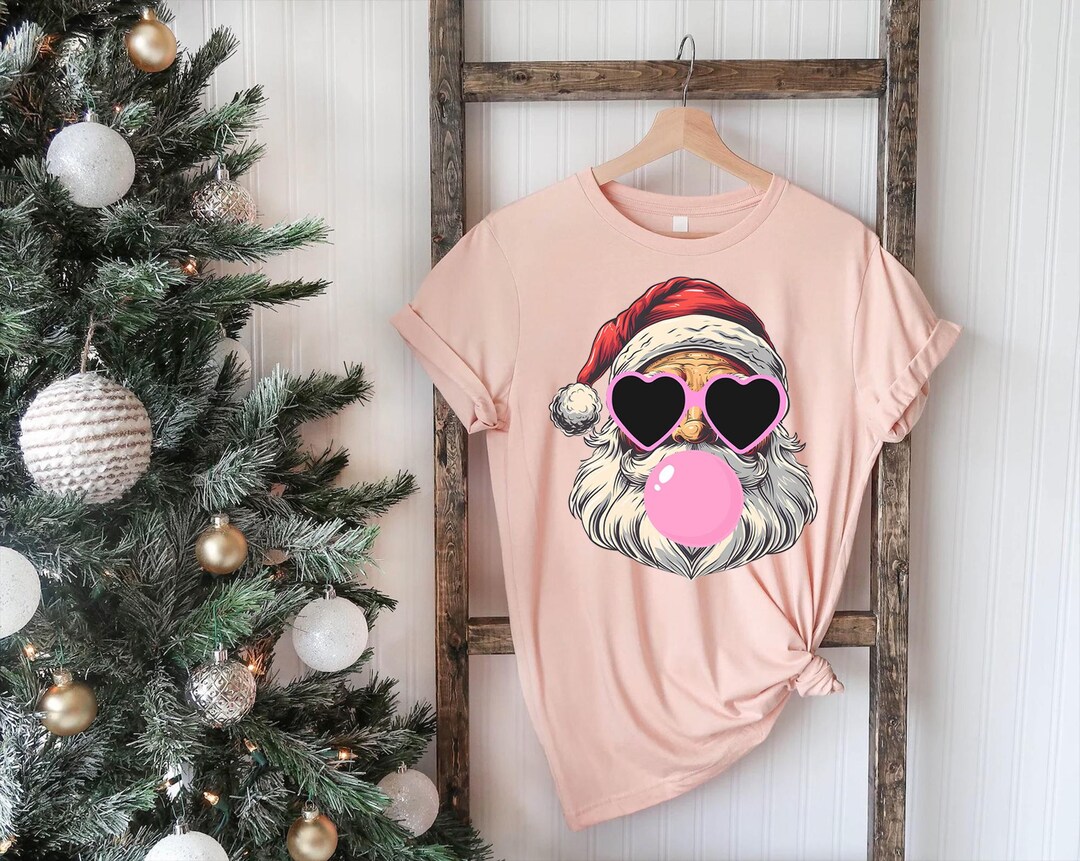 Retro Santa Christmas Blowing Bubble T-shirt, Red Santa Shirt, Pink ...