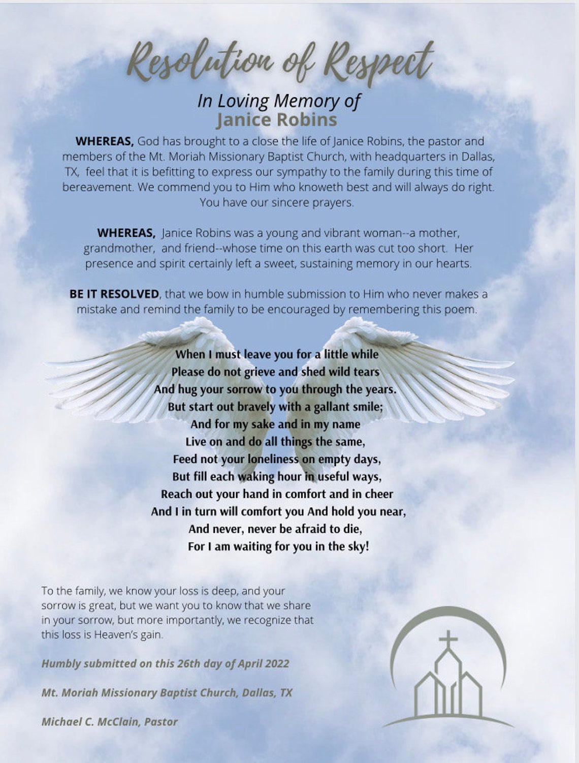 WINGS - Funeral Resolution Letter (DOWNLOAD ONLY) - Etsy