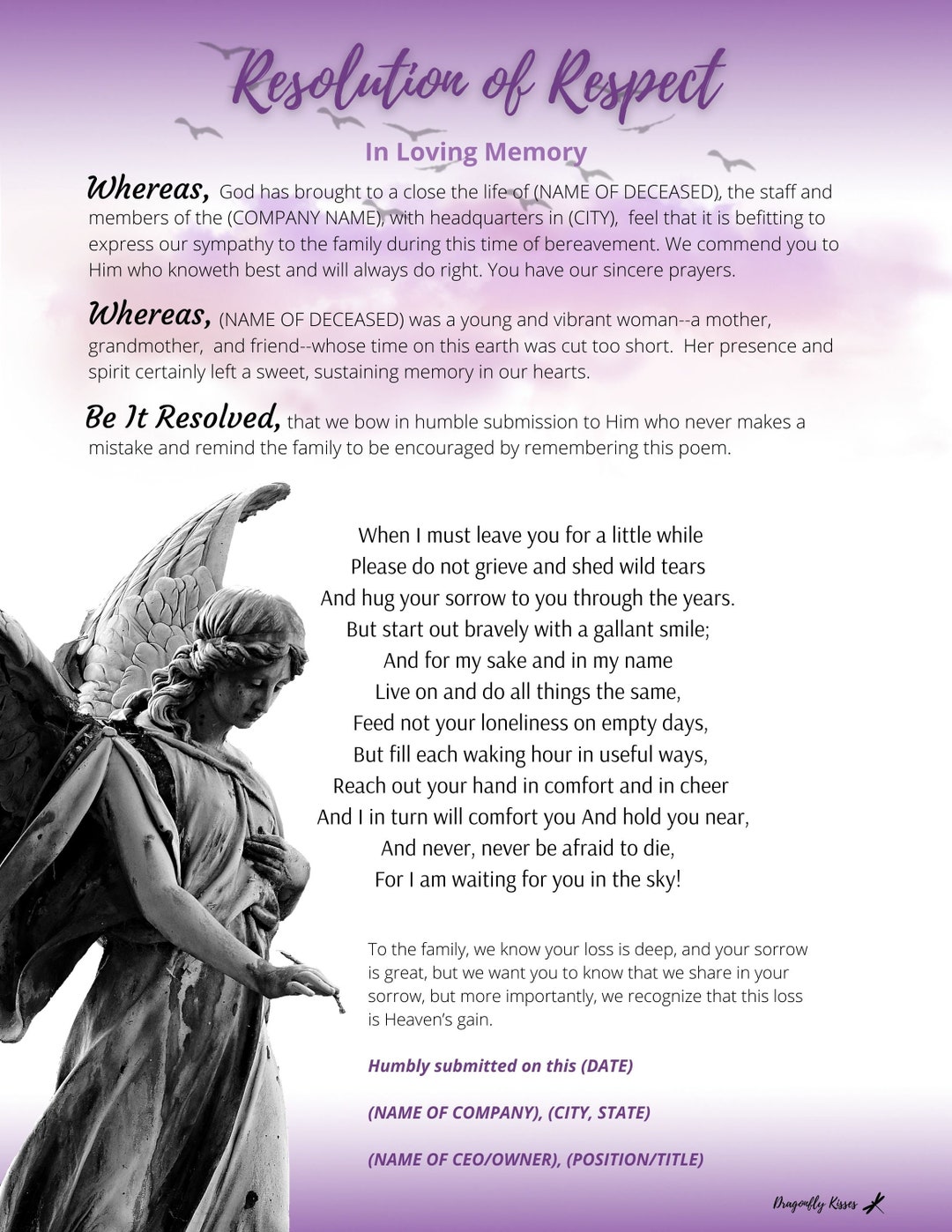 ANGEL - Funeral Resolution Letter (DOWNLOAD ONLY) - Etsy