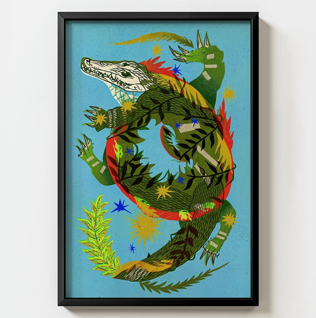 Botanical Alligator Guardian Art Print, Maximalist Gator Wall Decor ...