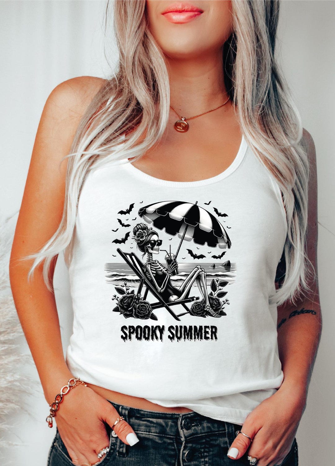 Spooky Summer Racerback Tank Top, Woman Skeleton Crop Tank, Flowers ...