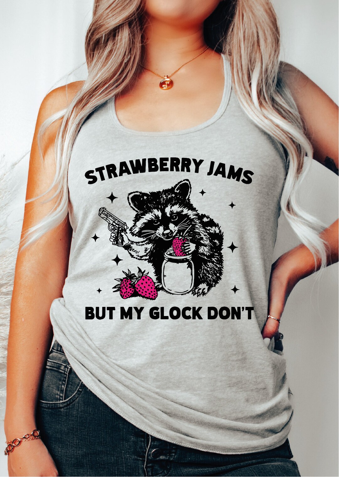 Strawberry Jams but My Glock Don't Racerback Tank Top, Funny Raccoon ...
