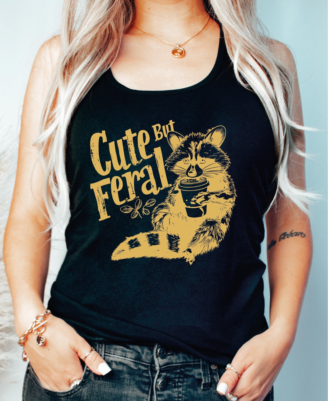 Cute but Feral Raccoon Racerback Tank Top, Funny Raccoon Crop Tank Top ...