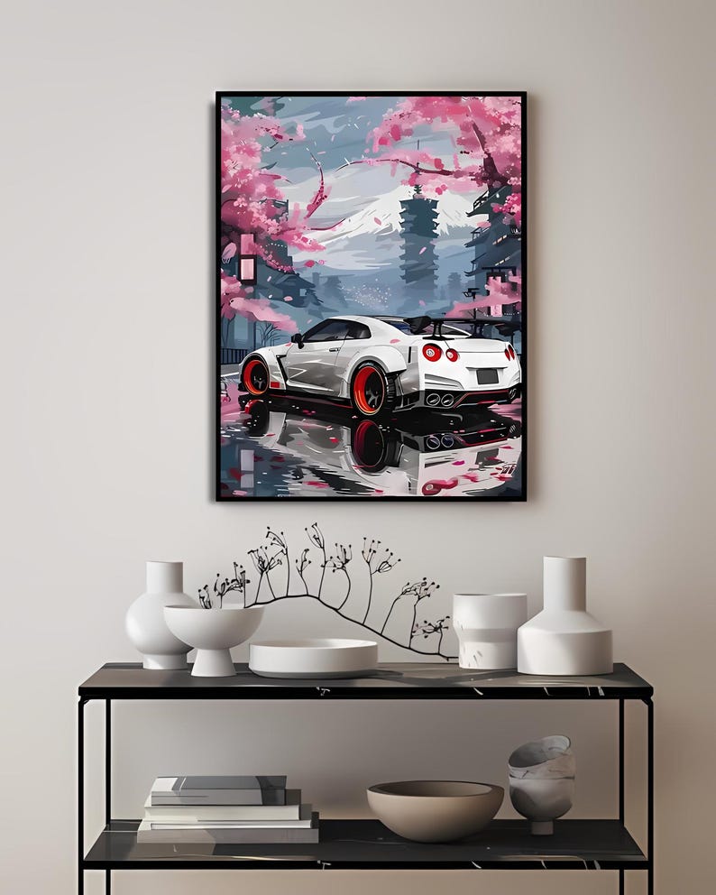 JDM Nissan GT-R R35 Poster - White Drift Car in Sakura Street With Mt ...