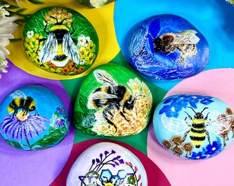 Bee Rocks, Set of 3 Painted Rocks, Resin Coated, Bee Gift, Bee Art ...