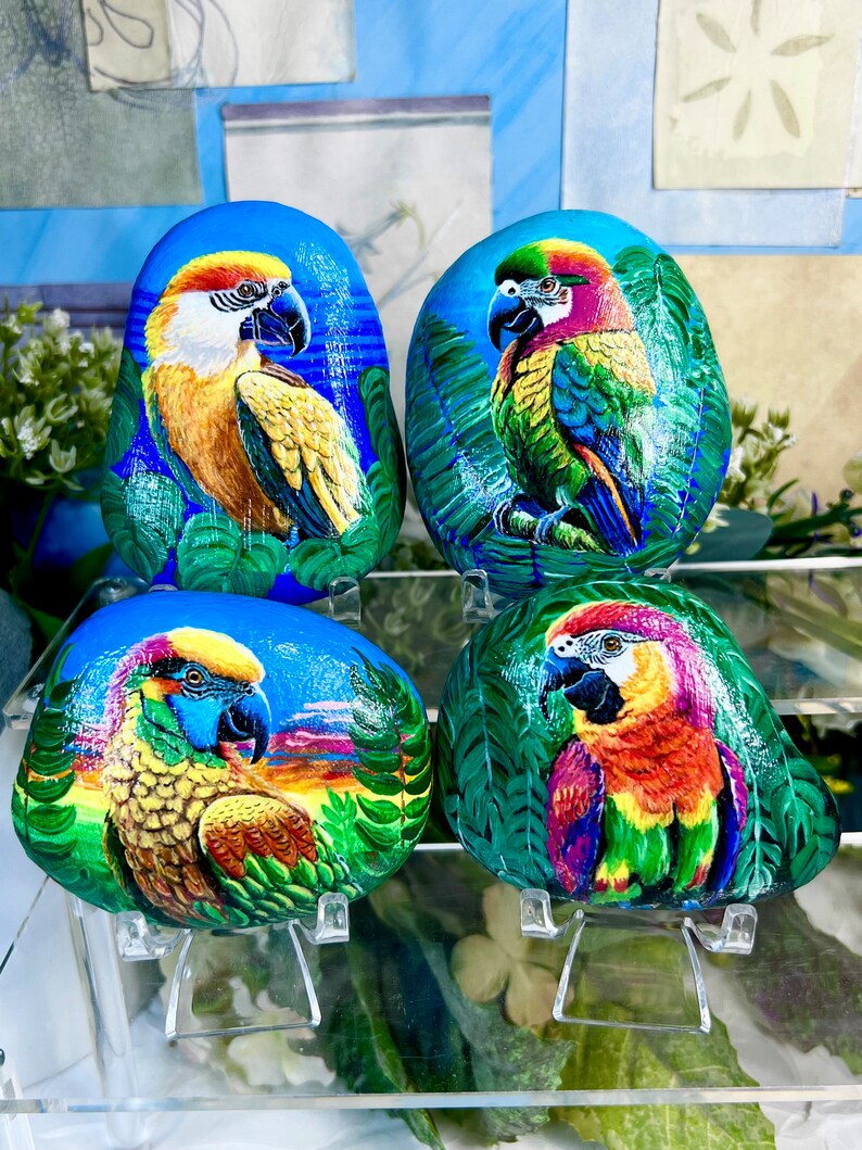 Colorful Parrot Painted Rock: Acrylic Art Paperweight - Etsy
