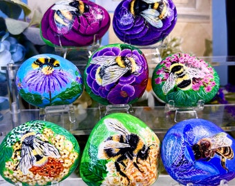 Bee Rocks, Set of 3 Painted Rocks, Resin Coated, Bee Gift, Bee Art ...