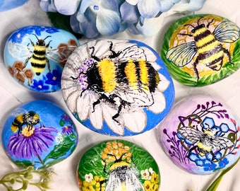 Bee Rocks, Set of 3 Painted Rocks, Resin Coated, Bee Gift, Bee Art ...