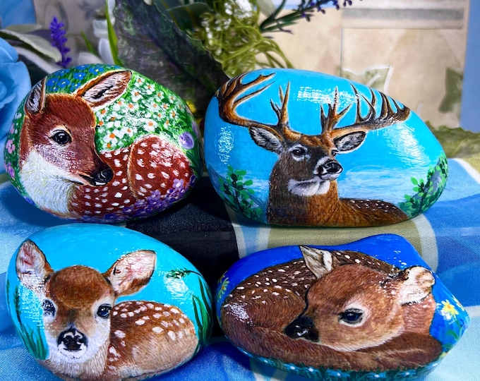 Fawn Painted Rock, Unique Deer Painted Stones for Gift and Home Decor ...