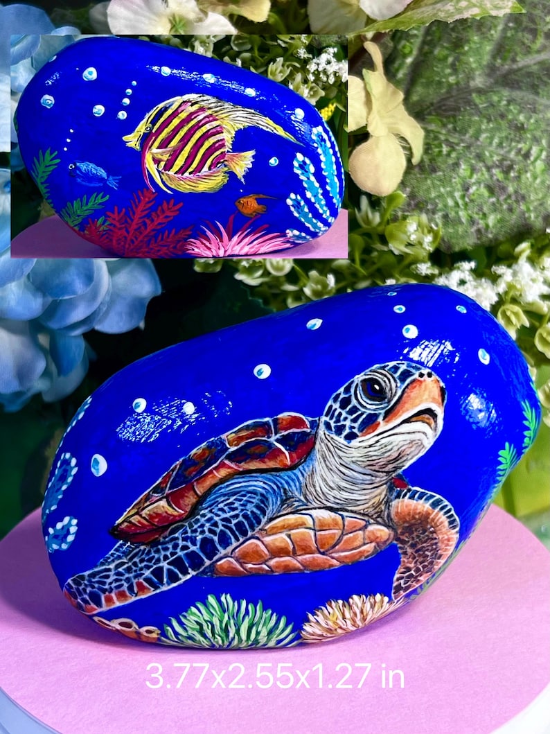 Sea Turtle Painted Rock: Handmade Acrylic Art, Unique Paperweight - Etsy