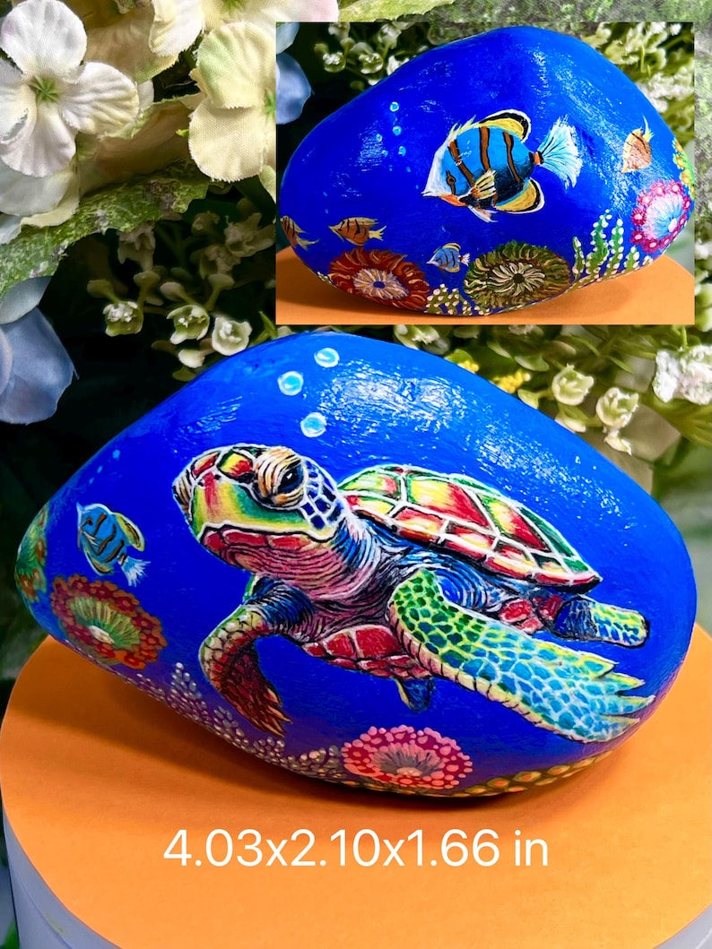 Sea Turtle Painted Rock: Handmade Acrylic Art, Unique Paperweight - Etsy