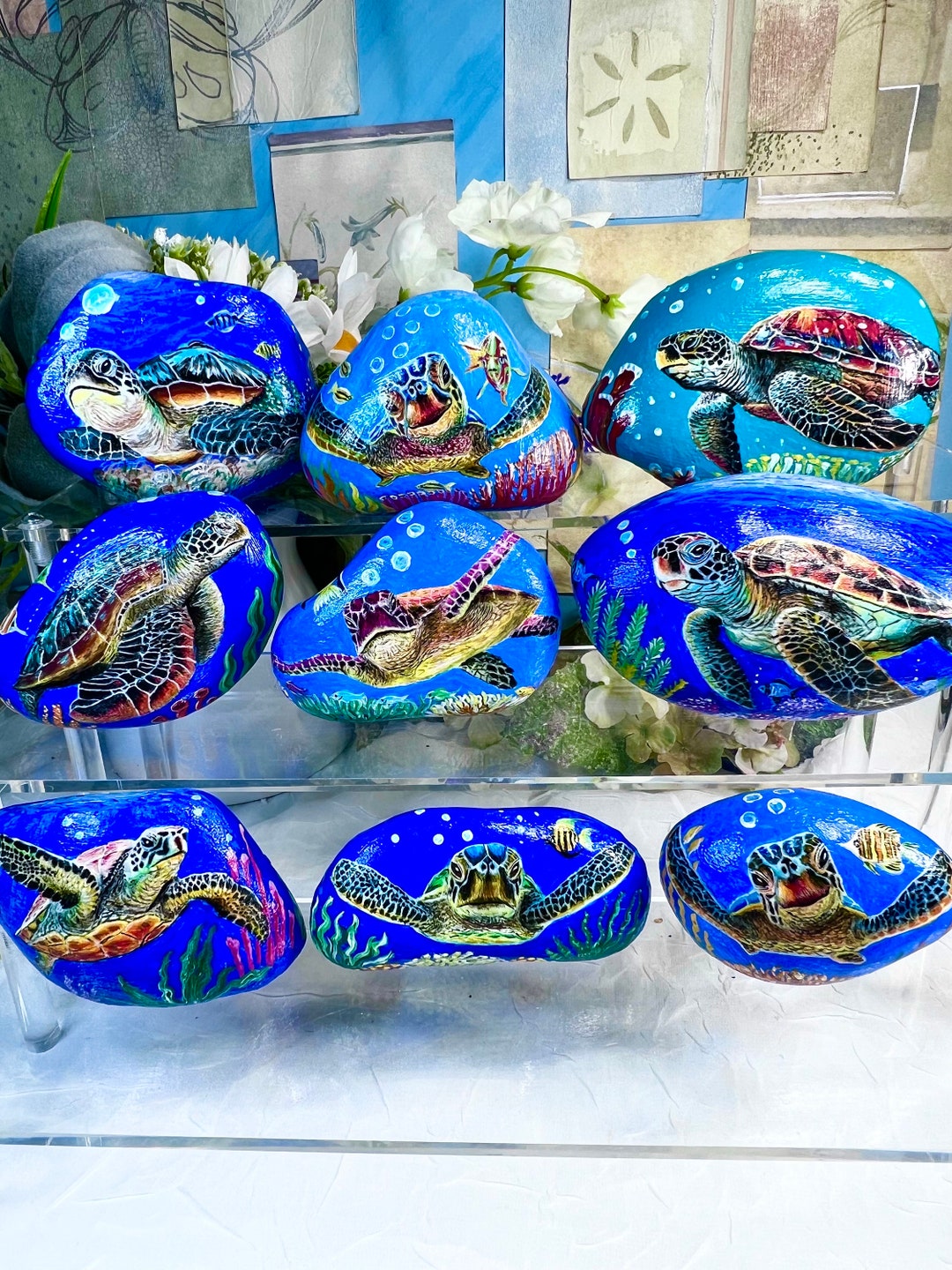 Sea Turtle Painted Rock: Handmade Acrylic Art, Unique Paperweight - Etsy