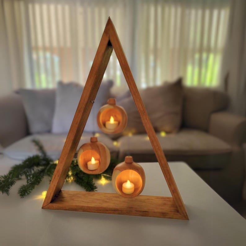 Handmade Wooden Christmas Tree With Ornaments, Holiday Tabletop Decor ...