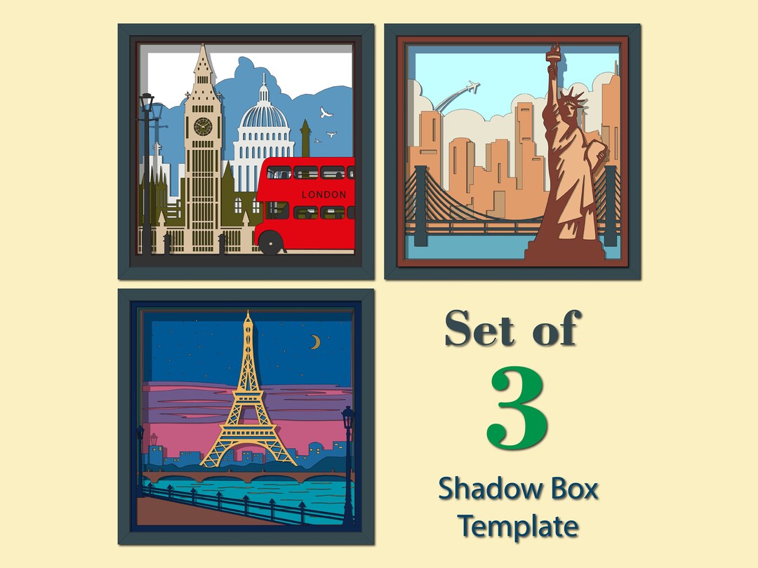 Set of 3 Cityscape Shadow Box Svg New York, Paris, London 3d Layered ...