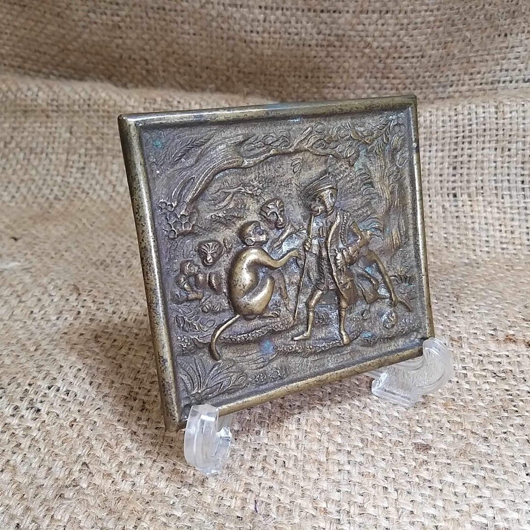 Vintage Solid Brass Plaque Plate Depicting Primates Primates Bowing to ...