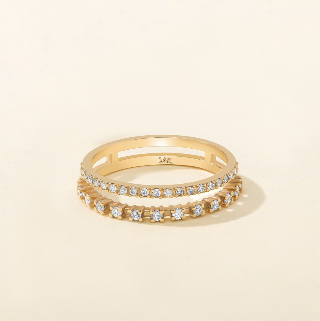 14k Gold 2 Line Attached Ring/natural Diamond/solid Gold/ Stacked Ring ...