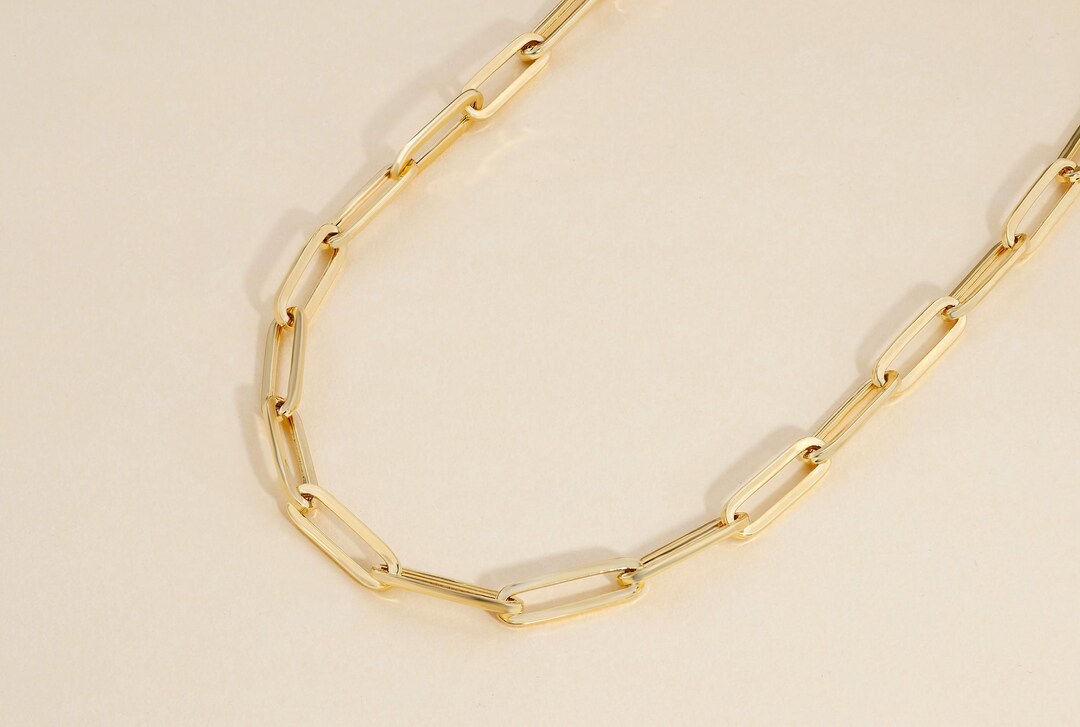 14k Solid Gold Paperclip Chain Necklace, Paperclip Necklace, Gold Chain ...