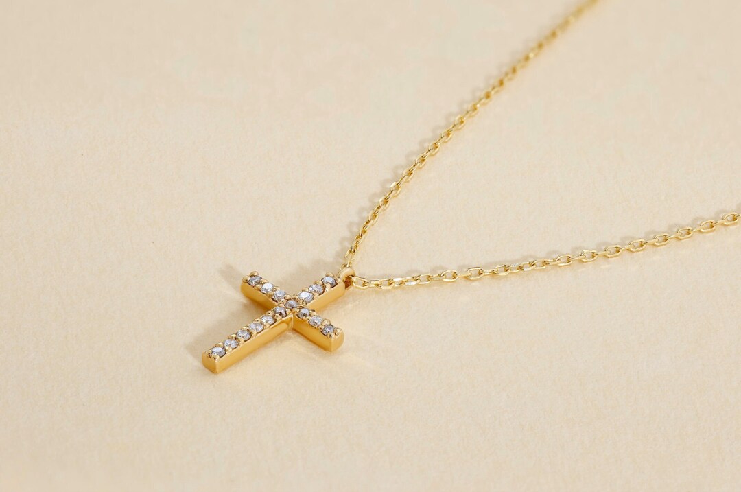 14k Small Diamond Cross Necklace, 14k Solid Gold Mini Cross Necklace ...