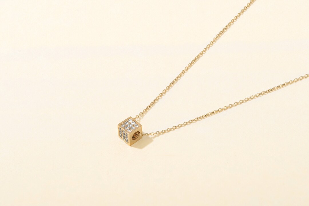 14k Gold Cube Diamond Necklace/ Solid Gold/ Cube Diamonds/ Modern Style ...
