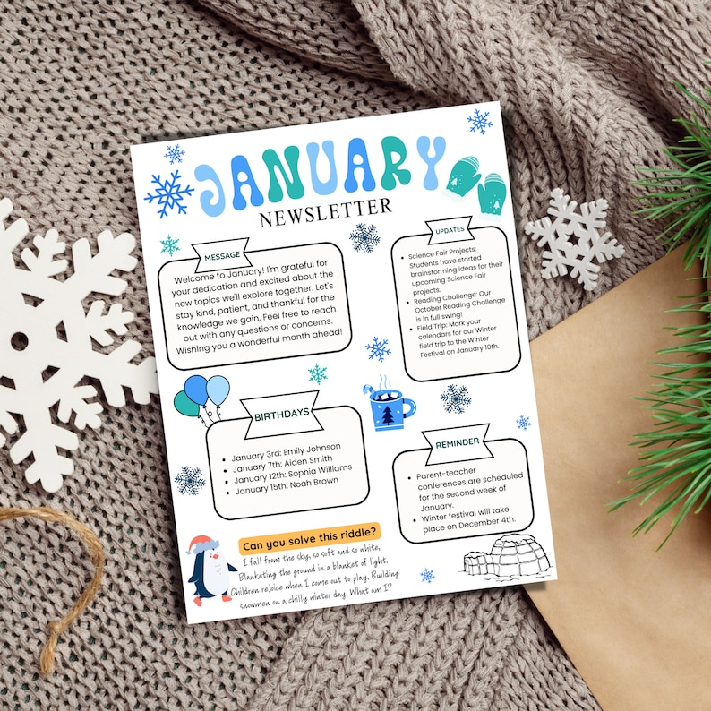 January Newsletter Template, Editable Newsletter, Monthly Newsletter ...
