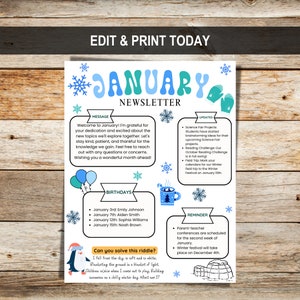 January Newsletter Template, Editable Newsletter, Monthly Newsletter ...