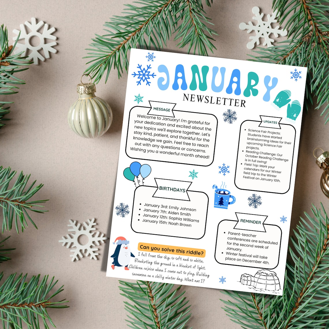 January Newsletter Template, Editable Newsletter, Monthly Newsletter ...