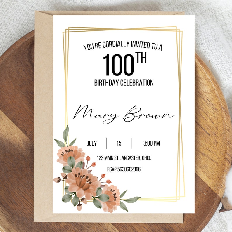 Editable 100th Birthday Invitation 100th Birthday 90th - Etsy