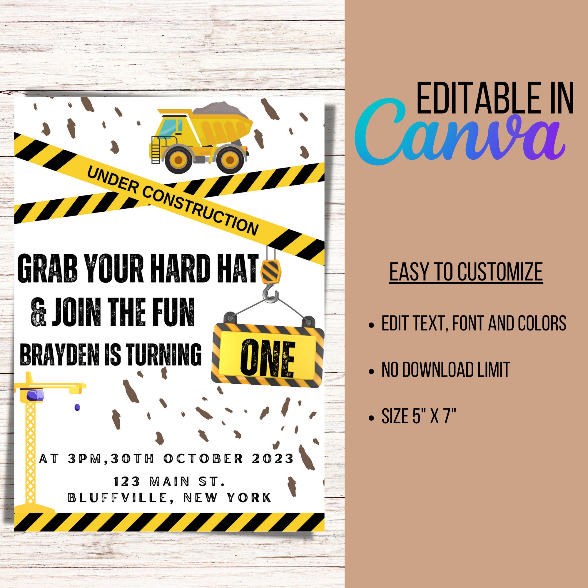 Construction Birthday Invitation With Dump Truck & Excavator Printable ...