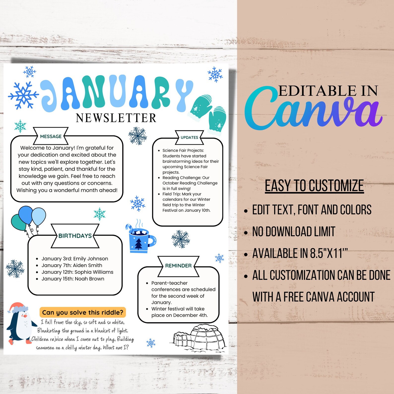 January Newsletter Template, Editable Newsletter, Monthly Newsletter ...