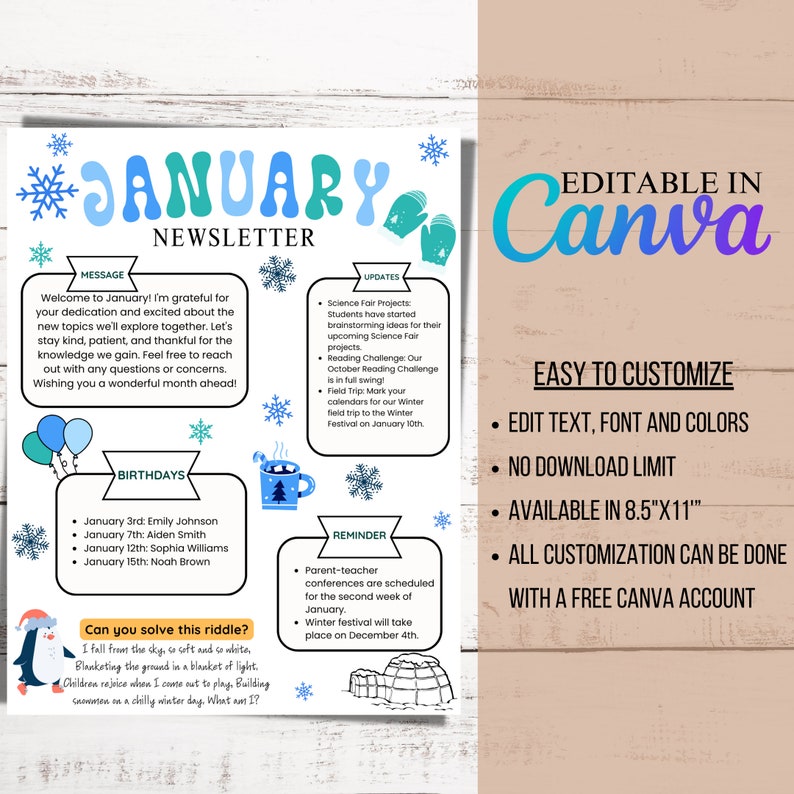 January Newsletter Template, Editable Newsletter, Monthly Newsletter ...