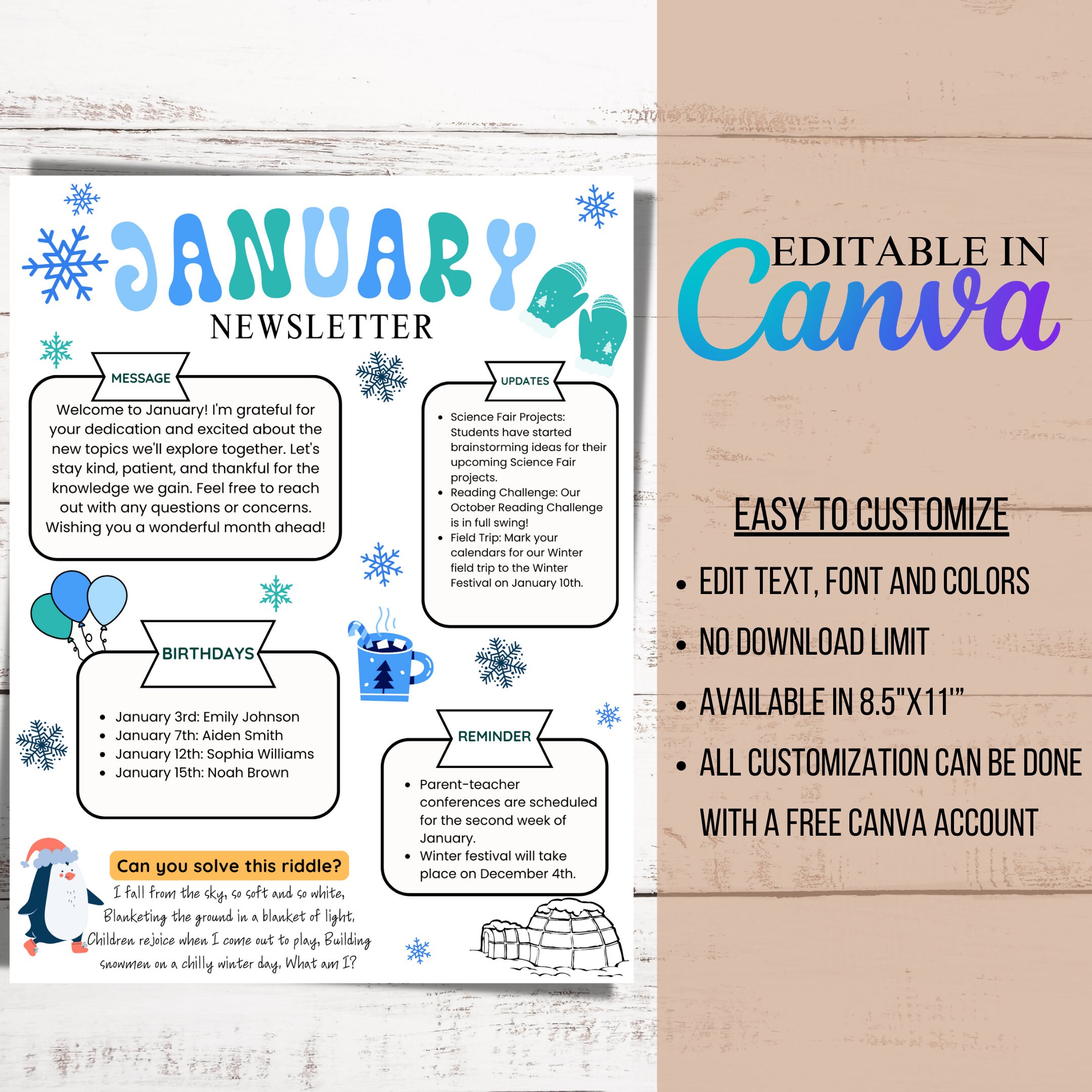 January Newsletter Template, Editable Newsletter, Monthly Newsletter ...