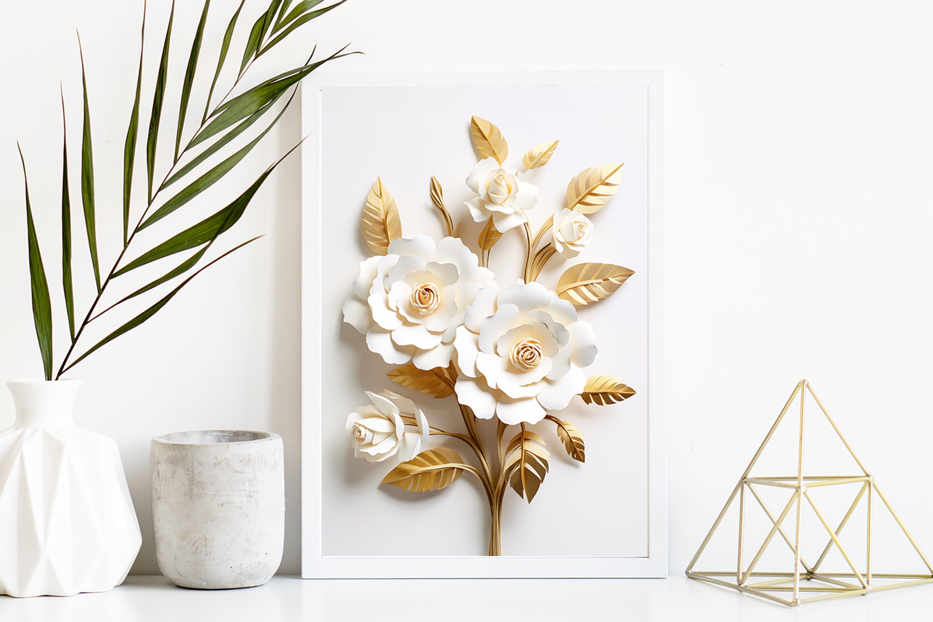 White Roses Home Decor Gold Stem Wall Art Digital Download Floral ...