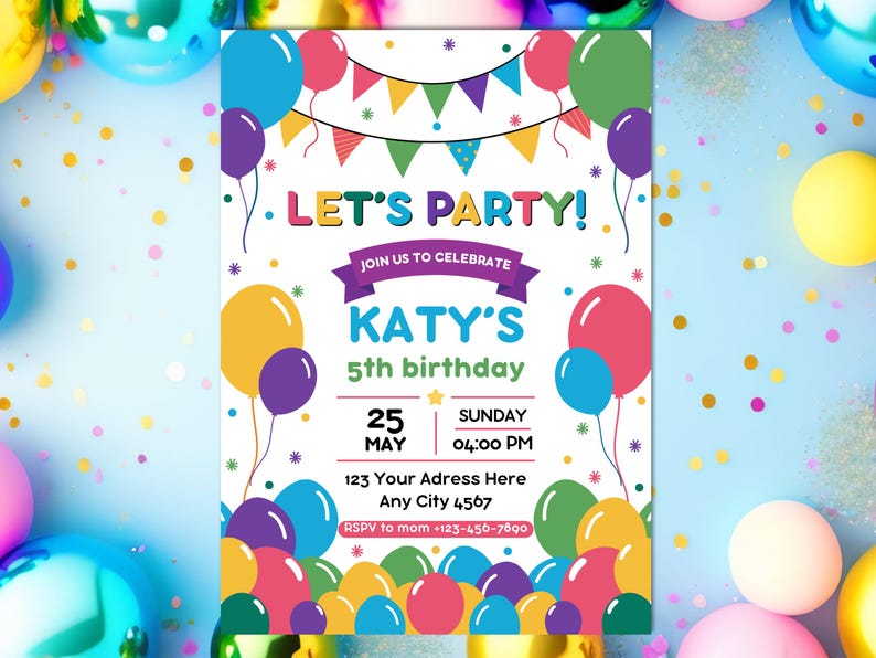 Colorful Birthday Invitation Colorful Balloons Party Invite Kids ...