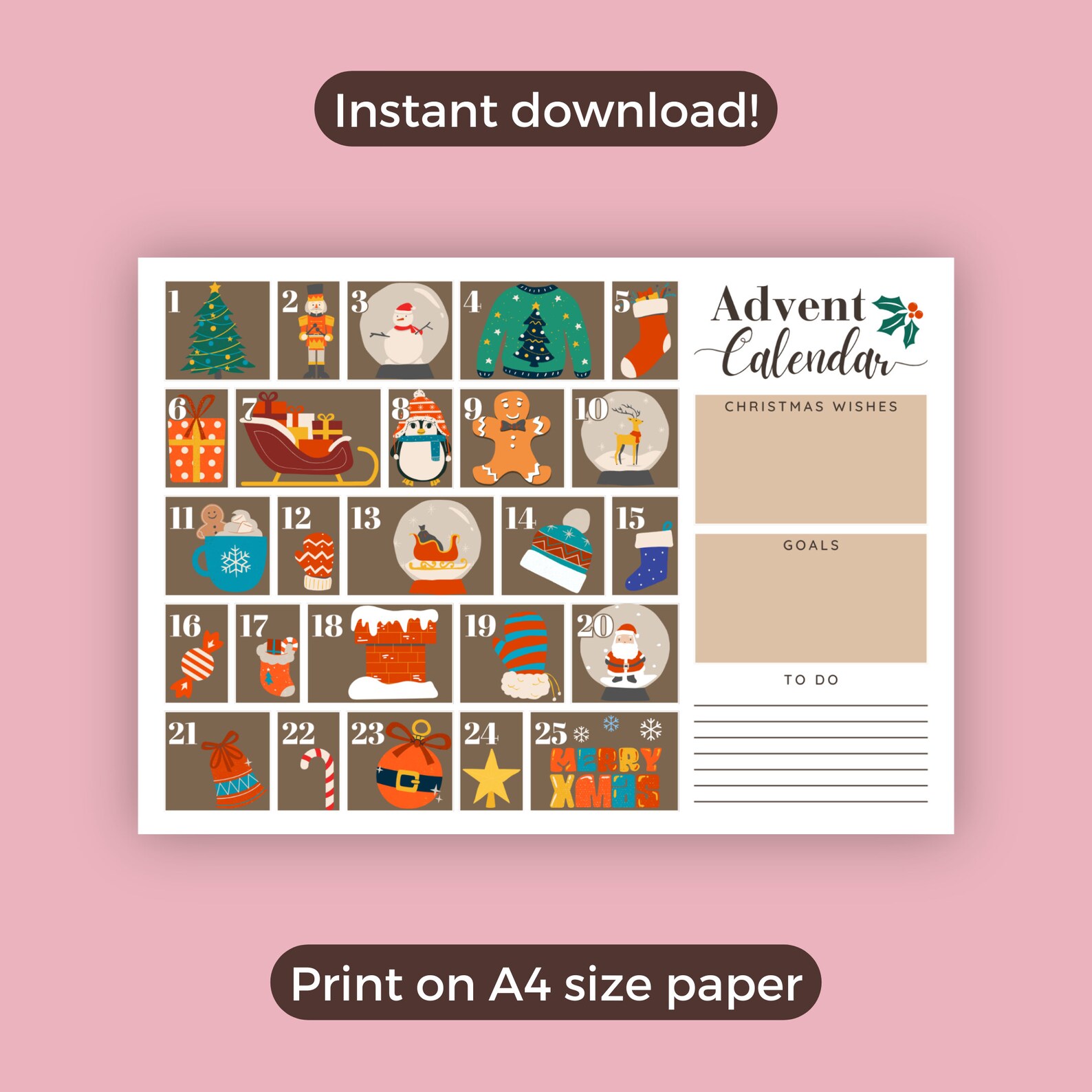 Christmas Advent Calendar Printable Christmas Countdown Advent ...
