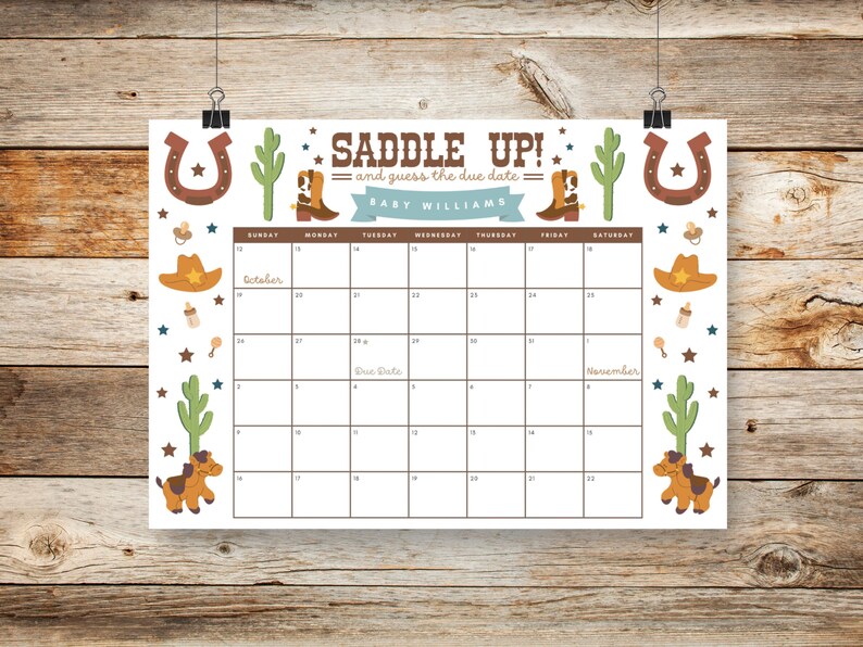 Cowboy Baby Due Date Calendar Sign Template Guess the Birthday Sign ...