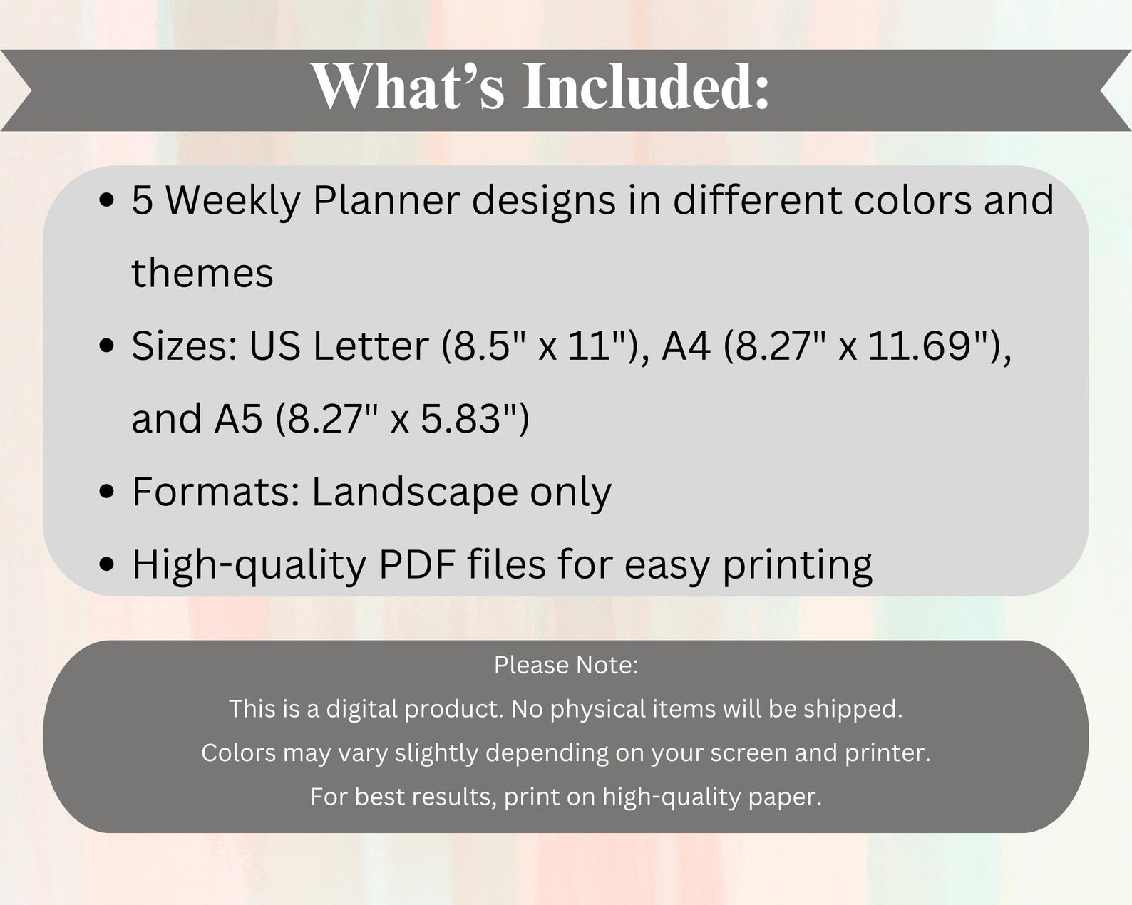 Weekly Planner Bundle | 5 Color Themes | A4, A5 & US Letter| Landscape ...
