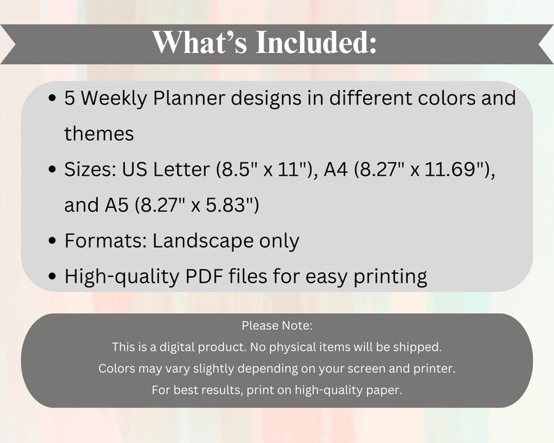 Weekly Planner Bundle | 5 Color Themes | A4, A5 & US Letter| Landscape ...