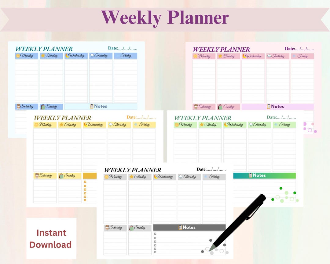 Printable Weekly Planner Bundle 5 Color Themes A4, A5 & US Letter ...