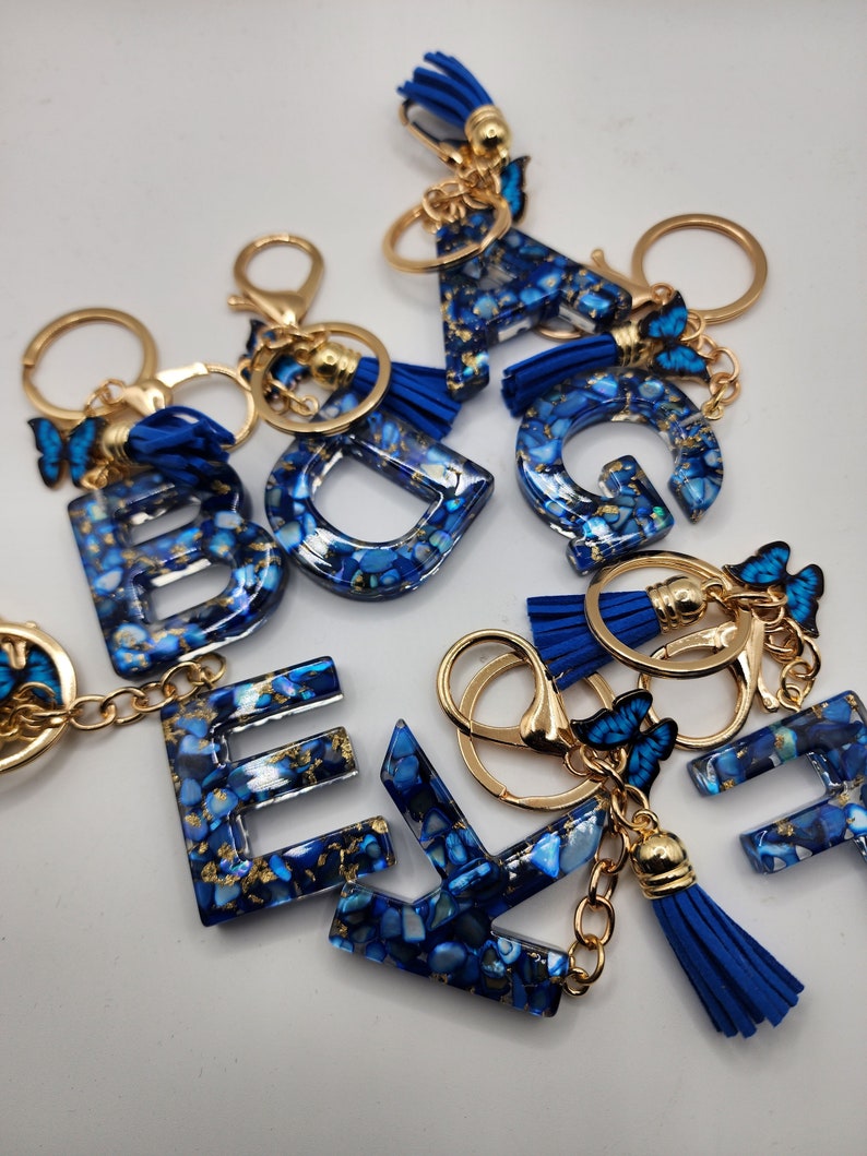 Blue Resin Alphabet Keychains With Tassel and Butterfly Charm ...