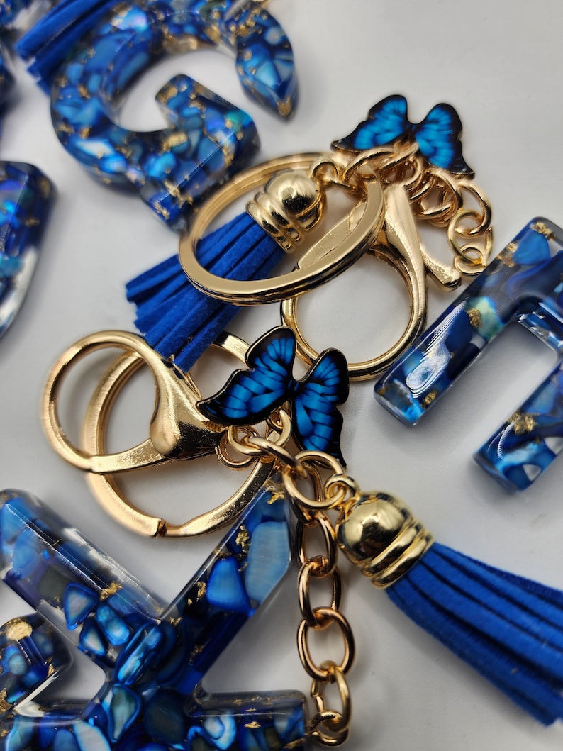 Blue Resin Alphabet Keychains With Tassel and Butterfly Charm ...