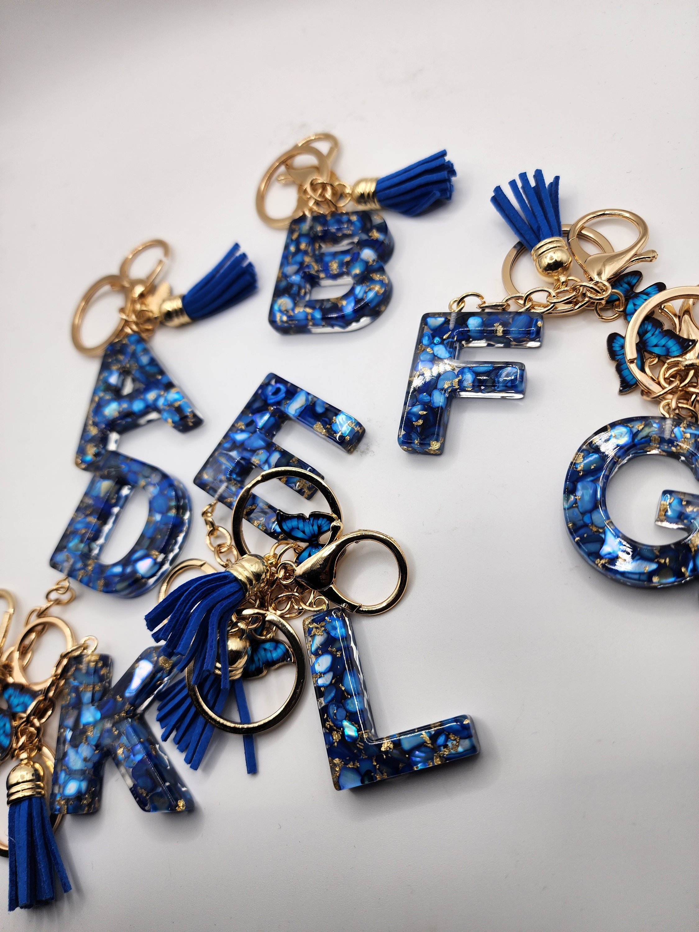 Blue Resin Alphabet Keychains With Tassel and Butterfly Charm ...