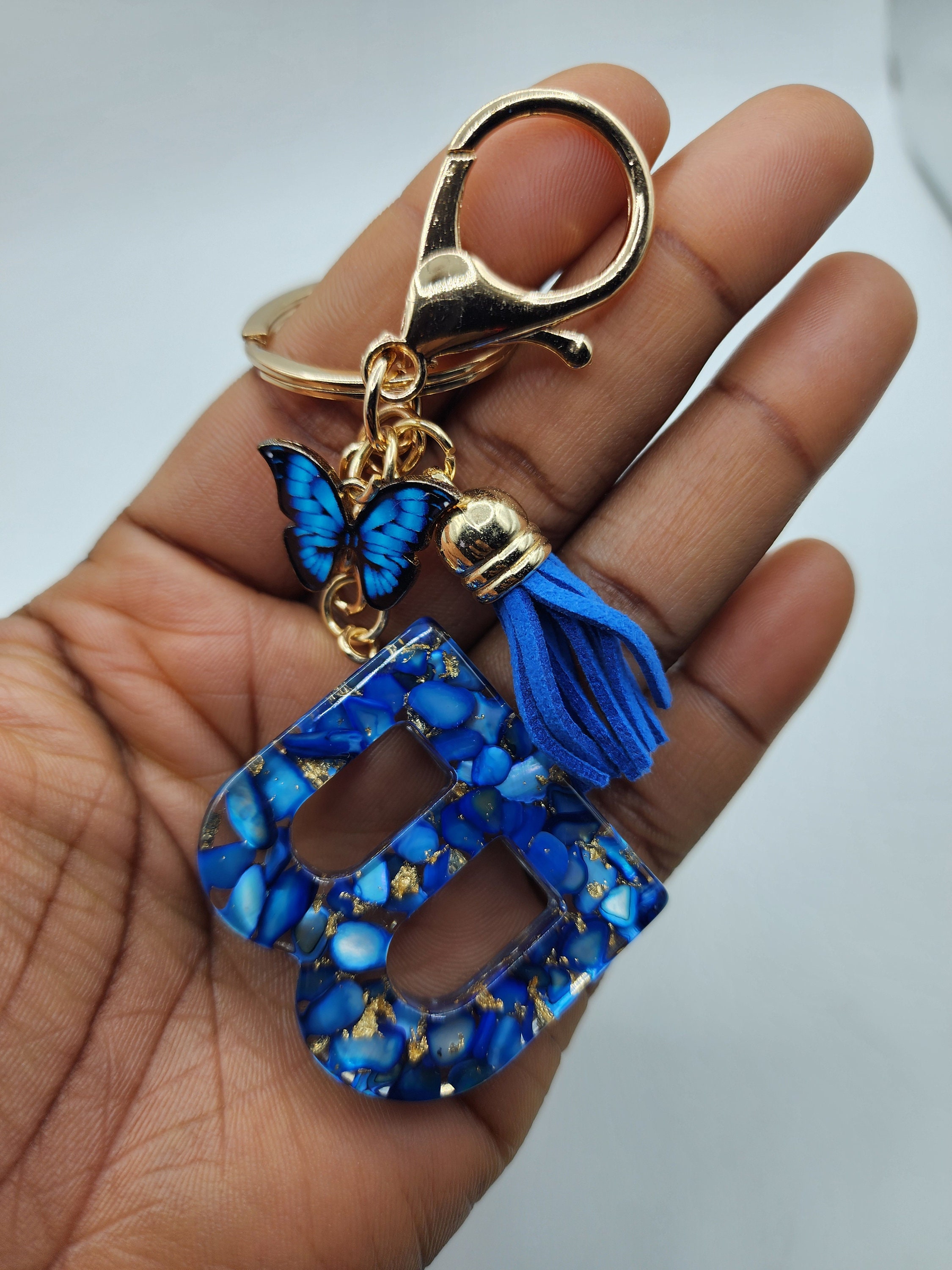 Blue Resin Alphabet Keychains With Tassel and Butterfly Charm ...