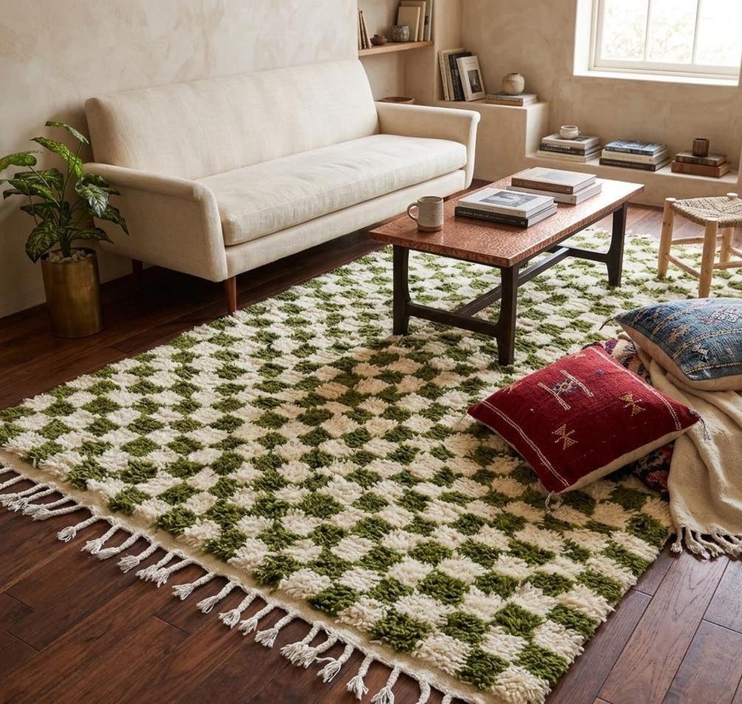 Handmade Wool Checkered Rug: Moroccan Green Checkerboard - Etsy